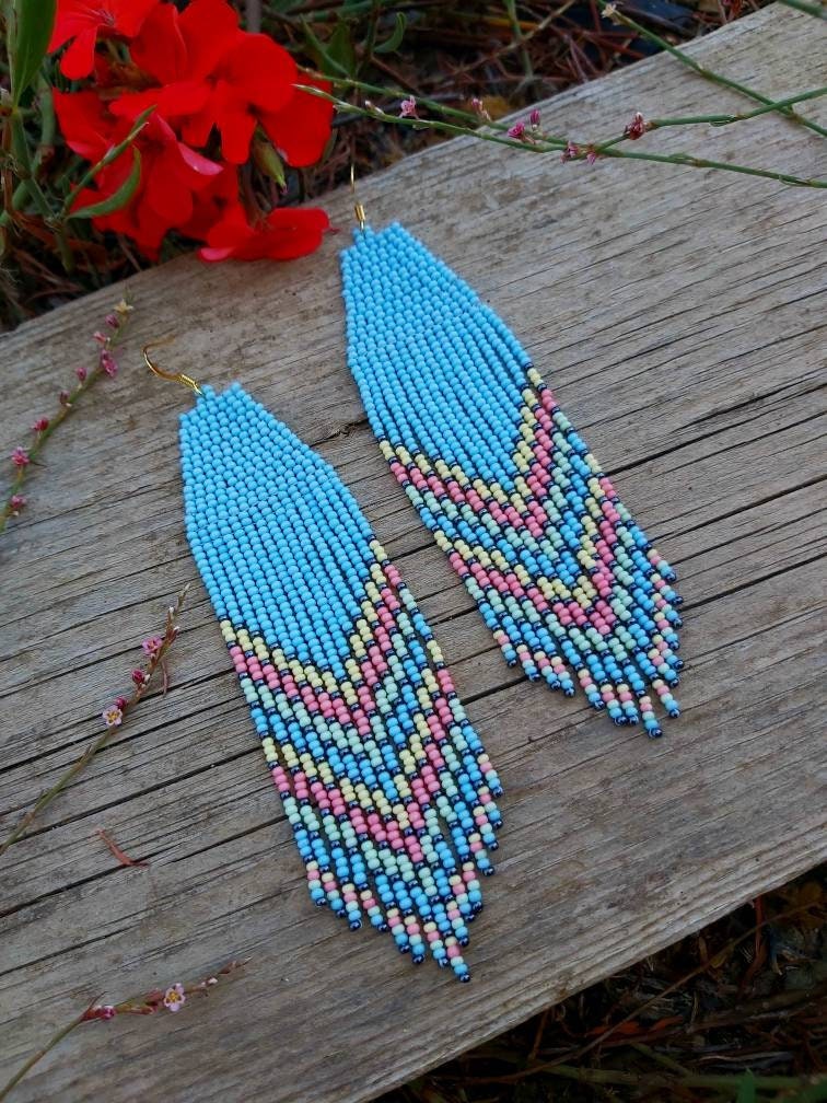 Colorful Feather Seed Bead Earrings,ethnic Beaded Earrings,feather ...