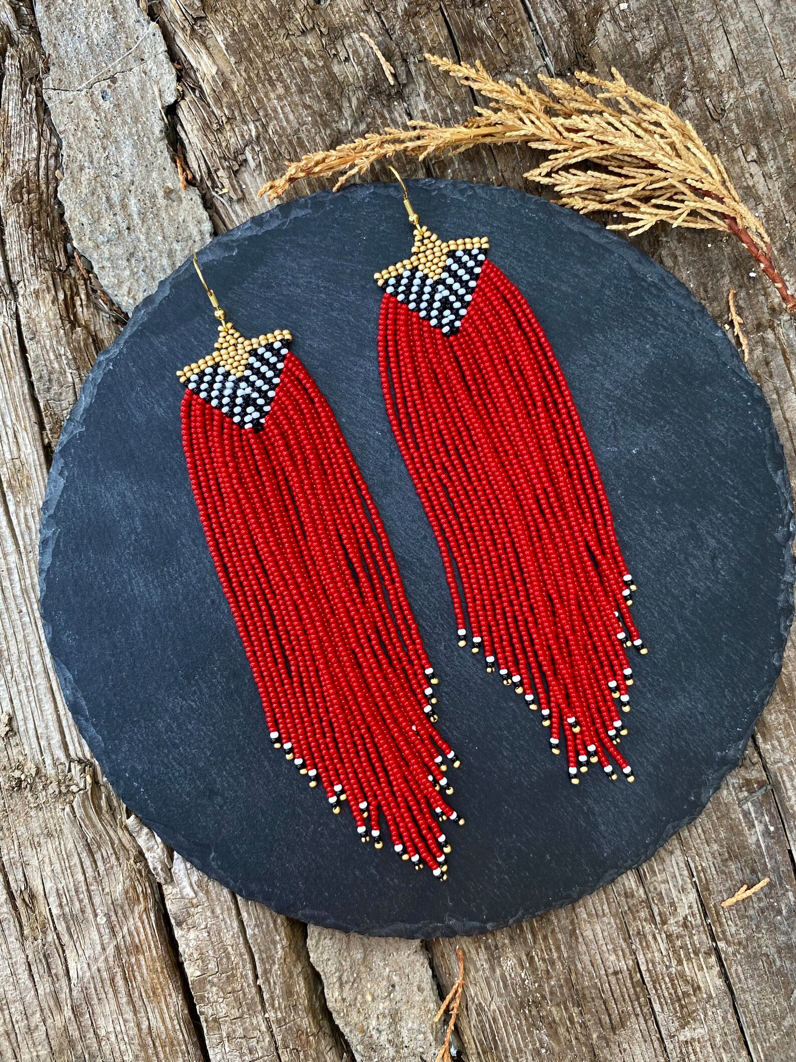 Extra Long Red Beaded Fringe Earrings, Seed Bead Earrings Dangle Boho ...