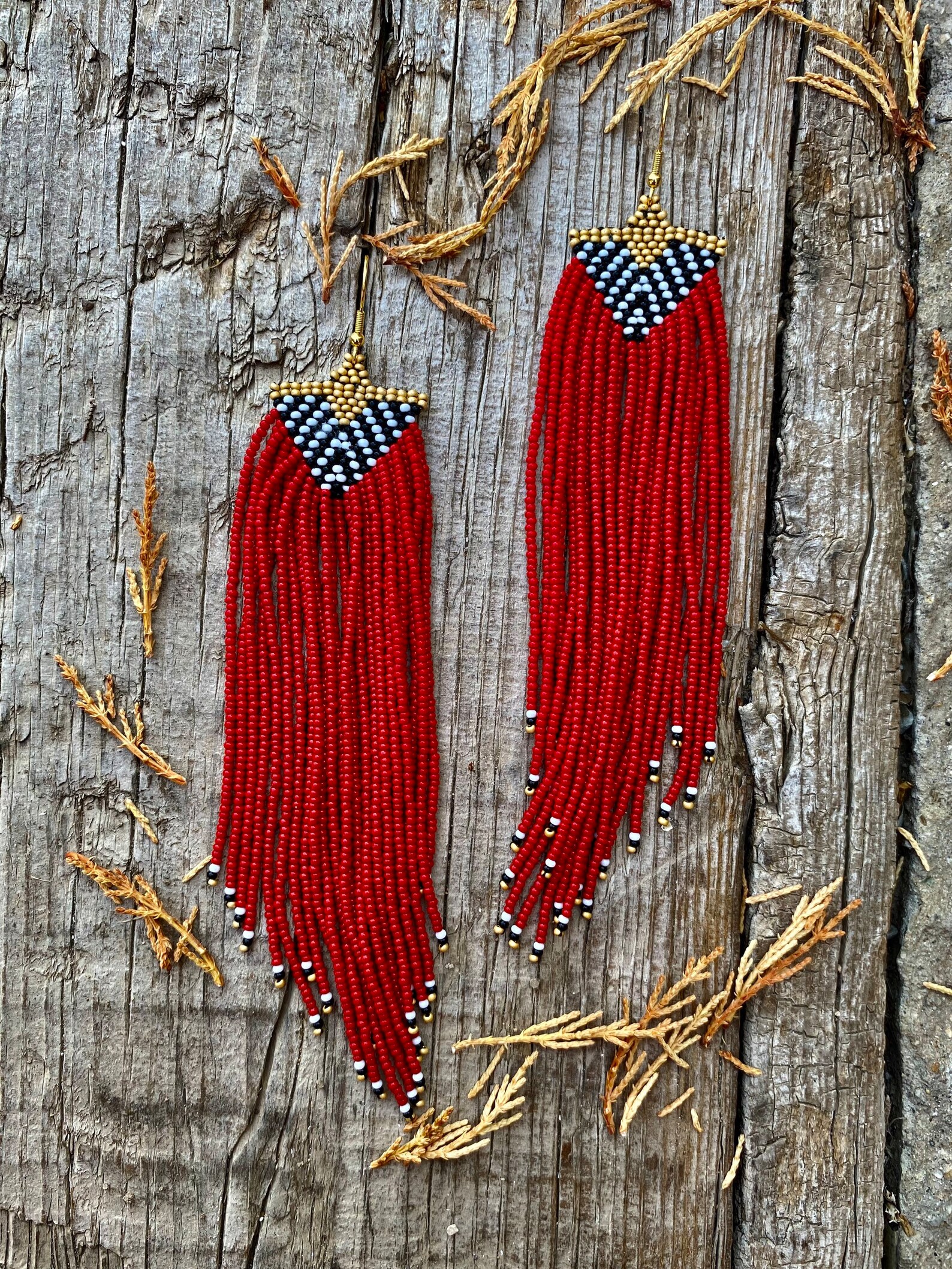 Extra Long Red Beaded Fringe Earrings, Seed Bead Earrings Dangle Boho ...