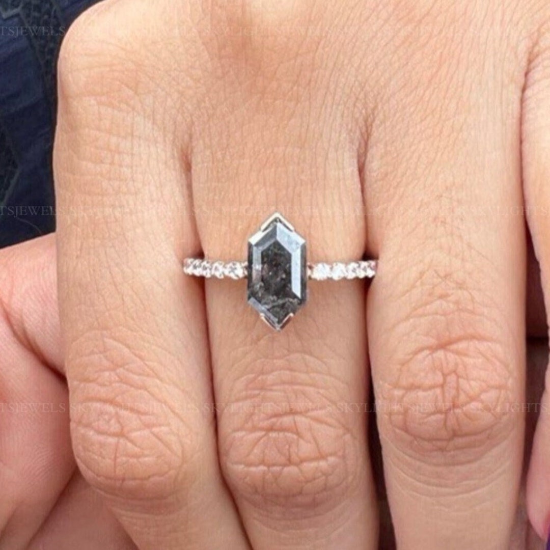 Raw Diamond Hexagon Cut Engagement Ring Salt and Pepper Unique Wedding ...