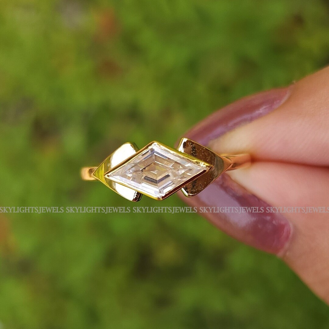 East West Lozenge Cut Moissanite Engagement Ring 14k Yellow Gold Unique ...