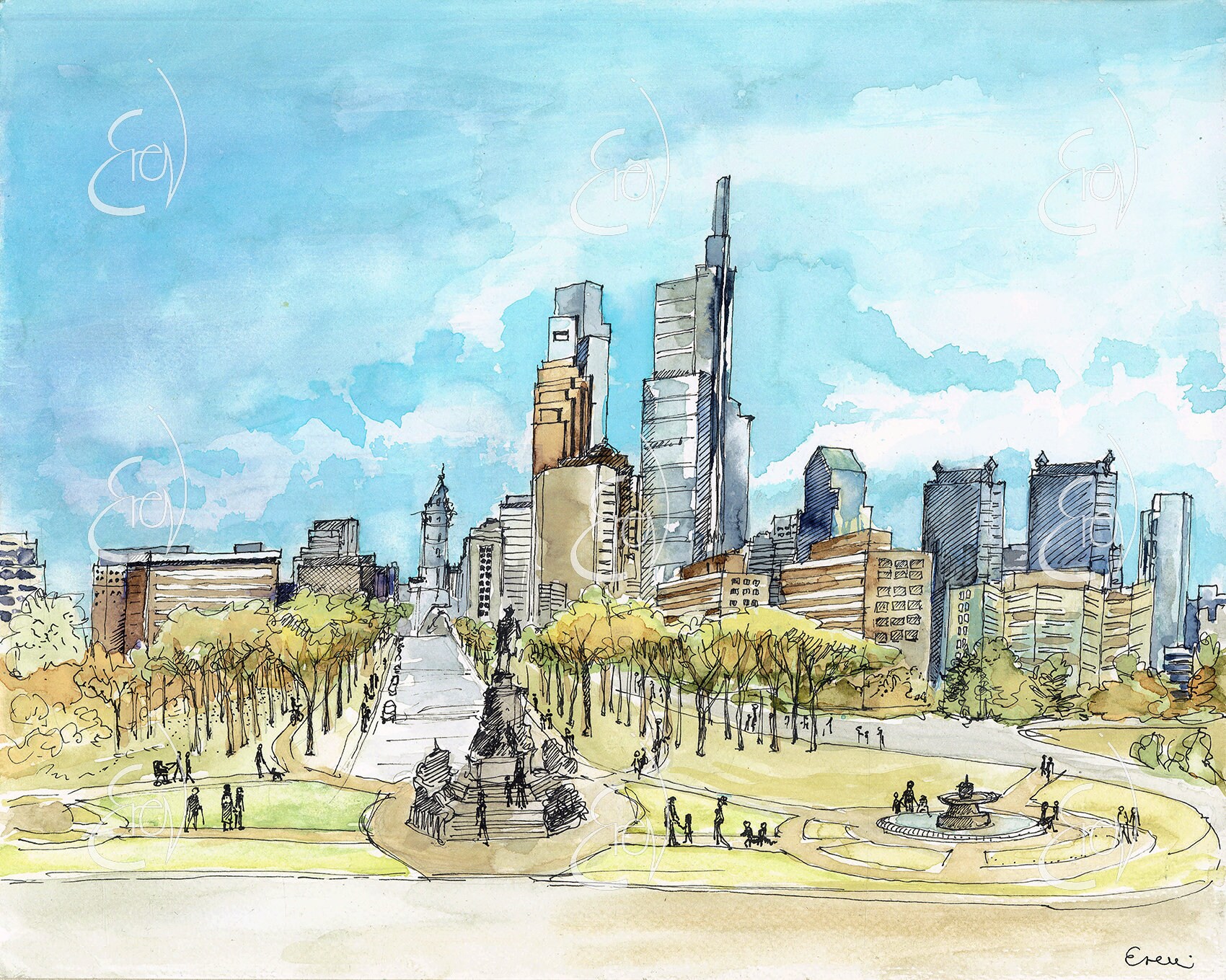 Philadelphia Cityscape Printable | Watercolor Travel Sketch | USA ...