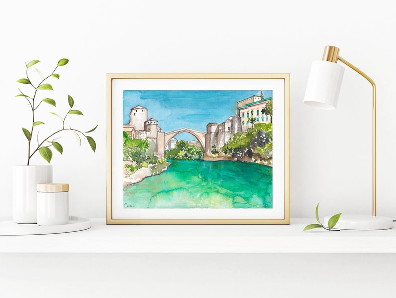 Mostar Bridge Watercolor Painting | Wondeful Aquarelle Cityscape ...
