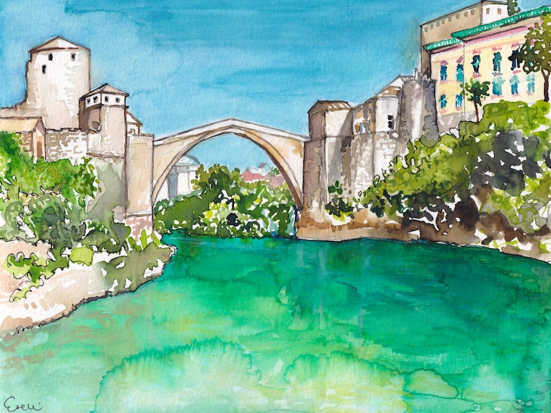 Mostar Bridge Watercolor Painting | Wondeful Aquarelle Cityscape ...