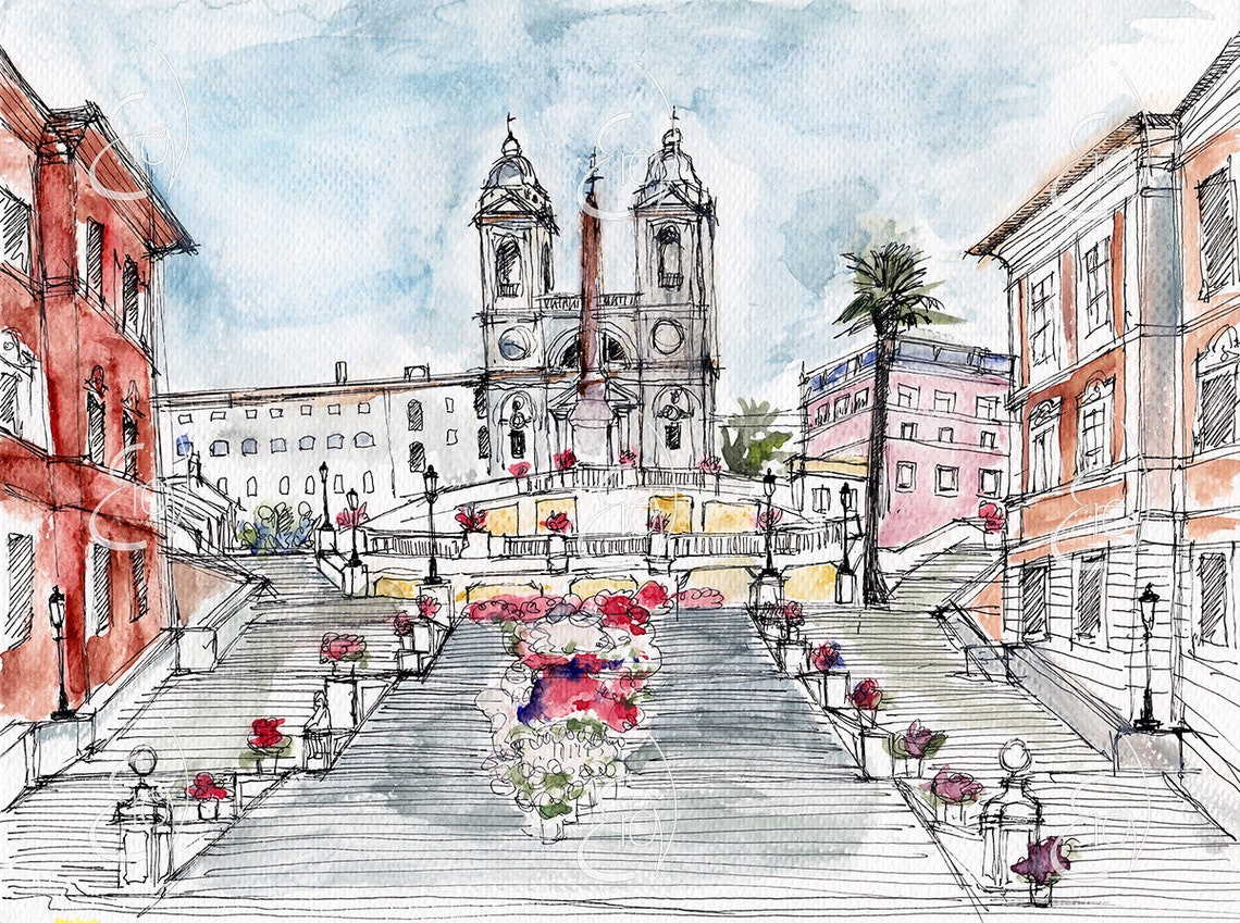 Rome Spanish Steps Printable | Watercolor Painting | Historical ...