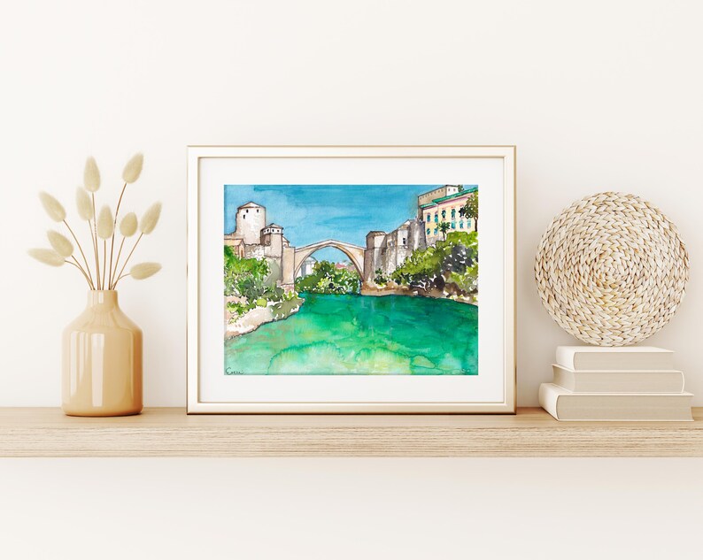 Mostar Bridge Watercolor Painting | Wondeful Aquarelle Cityscape ...
