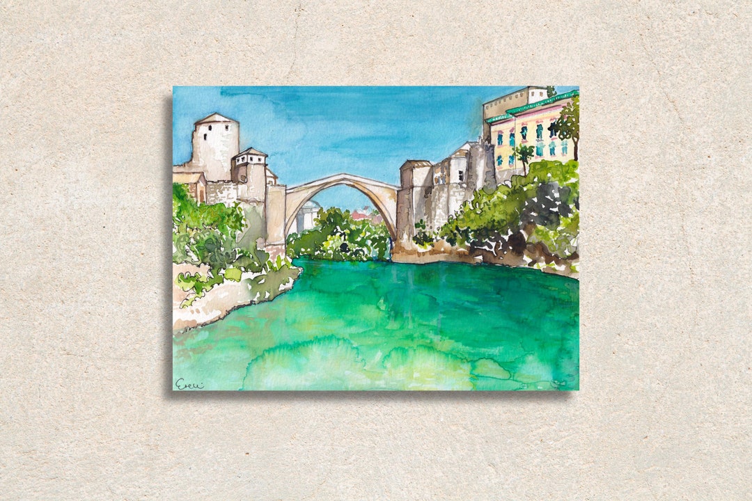 Mostar Bridge Watercolor Painting | Wondeful Aquarelle Cityscape ...