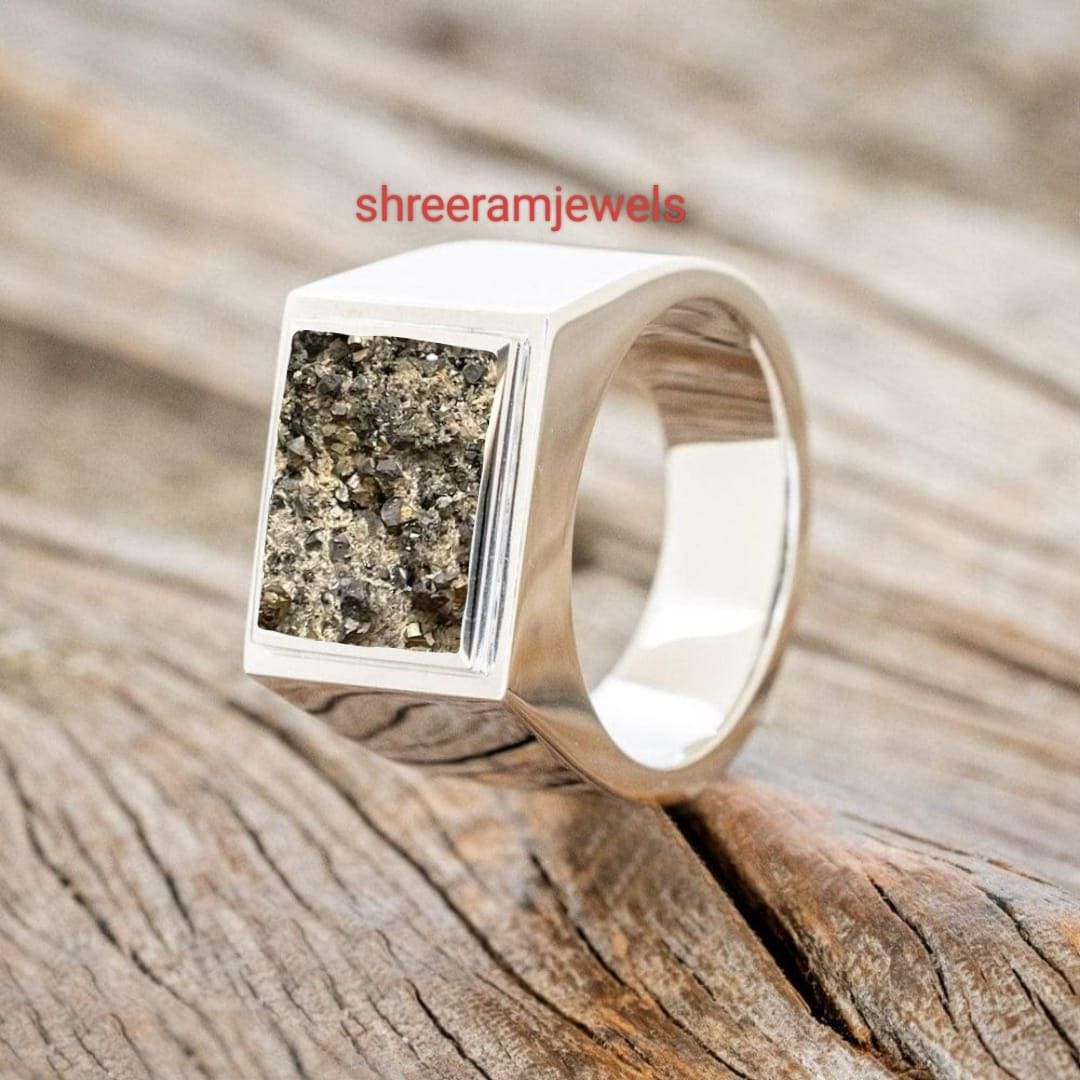 Handmade Sterling Silver Pyrite Ring: Long Square Stone - Etsy