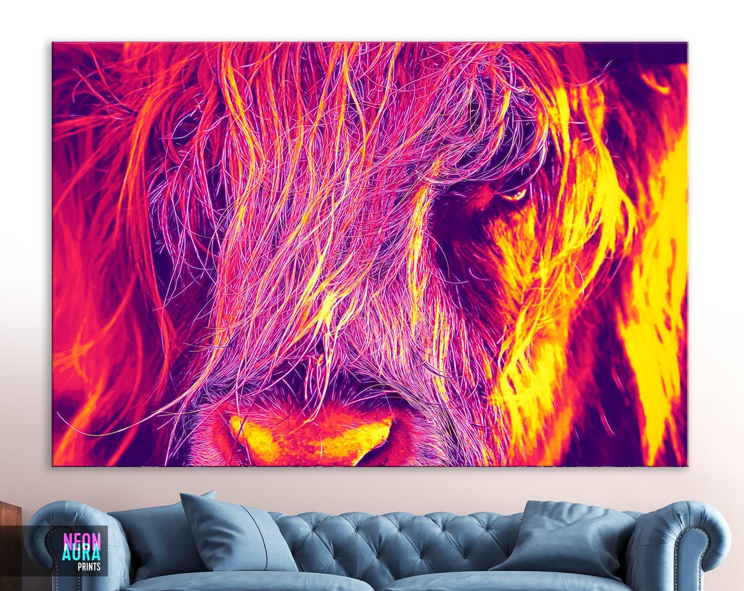 Highland Cow Neon Style Canvas Print, Close-up Portrait of Highland Cow ...
