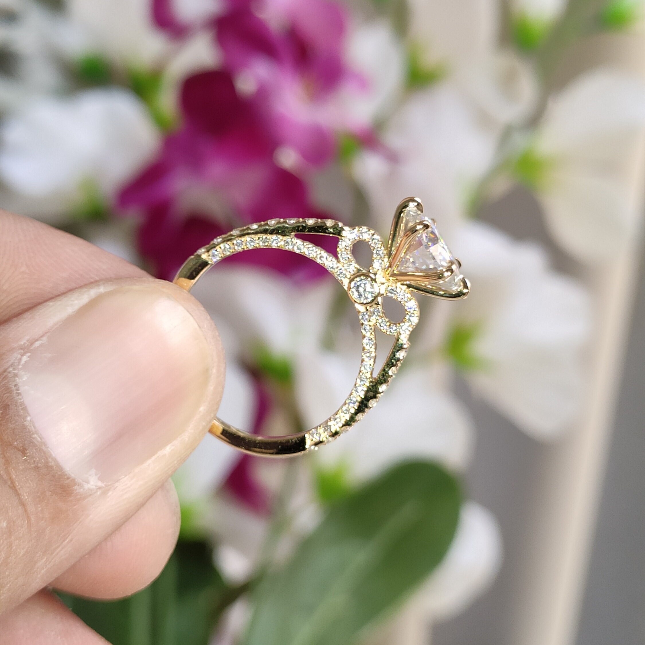 Vintage Cathedral Set Engagement Ring, Hidden Pave Bridge Art Deco Ring ...
