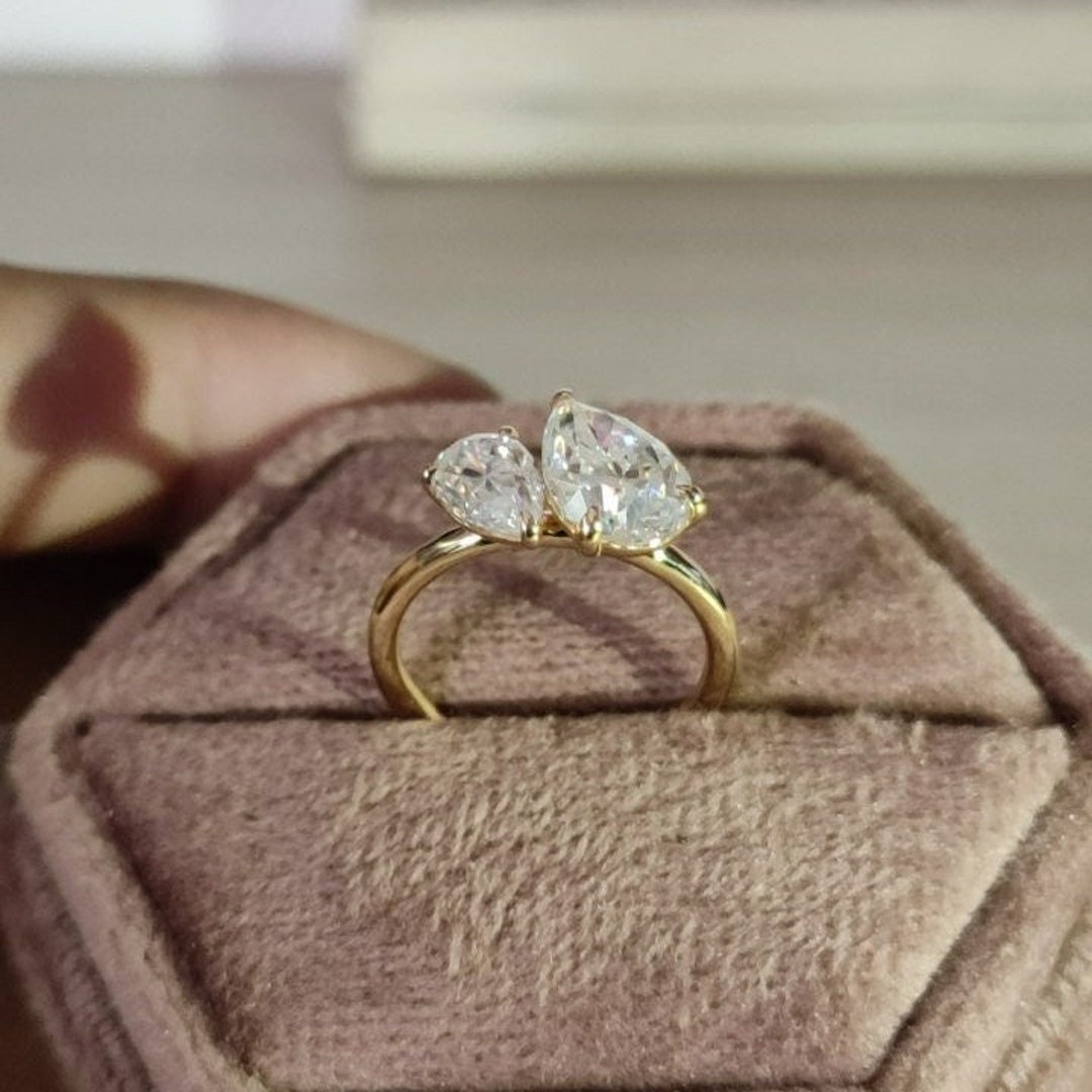 Toi Et Moi Ring, Two Stone Pear Shaped Moissanite Engagement Ring, Double Stone Engagement Ring ...