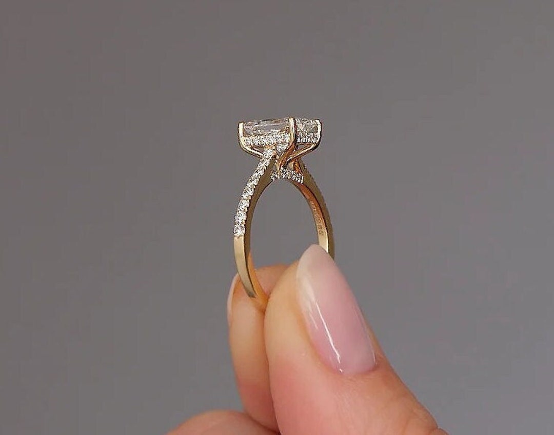Radiant Cut Hidden Halo Engagement Ring With Pave Set Unique Hidden ...