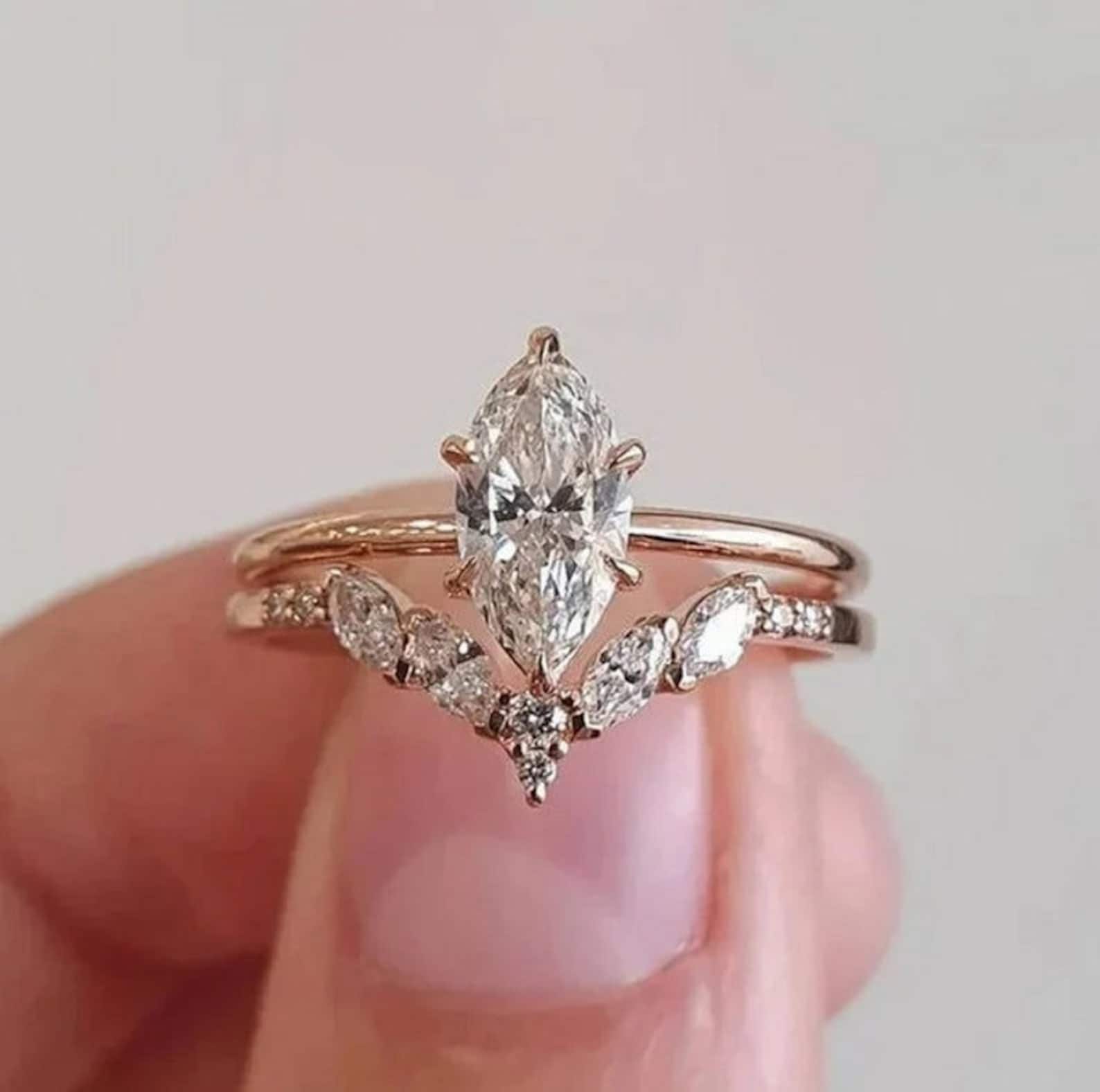 Dainty Marquise Cut Moissanite Wedding Set, Unique Engagement Bridal ...