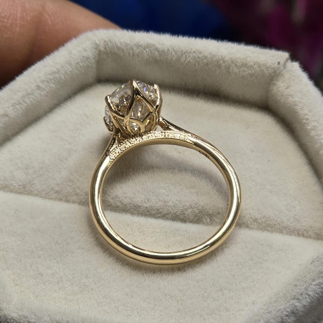 Lotus Floral Tulip Setting Engagement Ring Yellow Gold Vintage Cathedral Set 2 Ct Oval ...