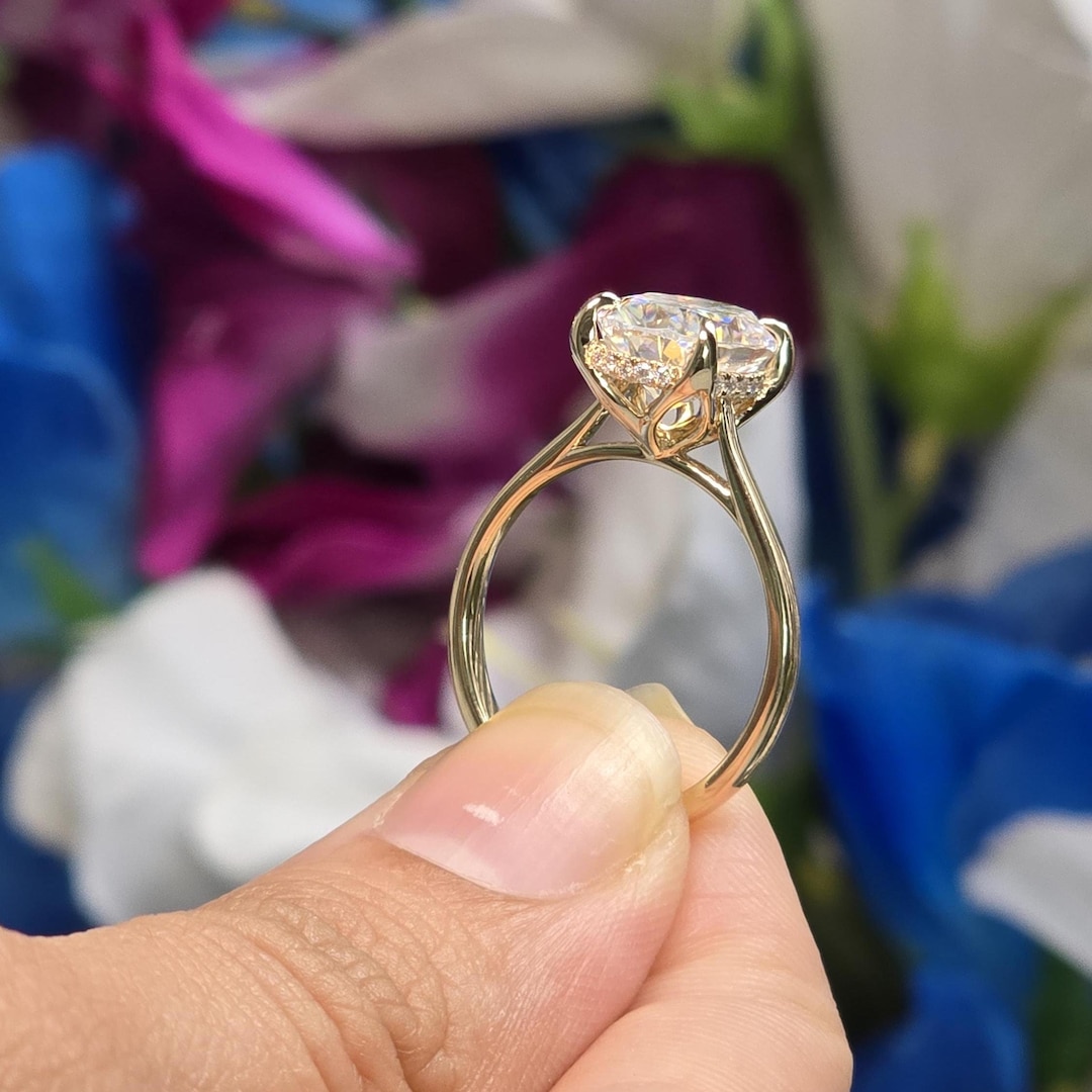 Tulip Setting 3ct Oval Cut Moissanite Engagement Ring With Hidden Halo ...