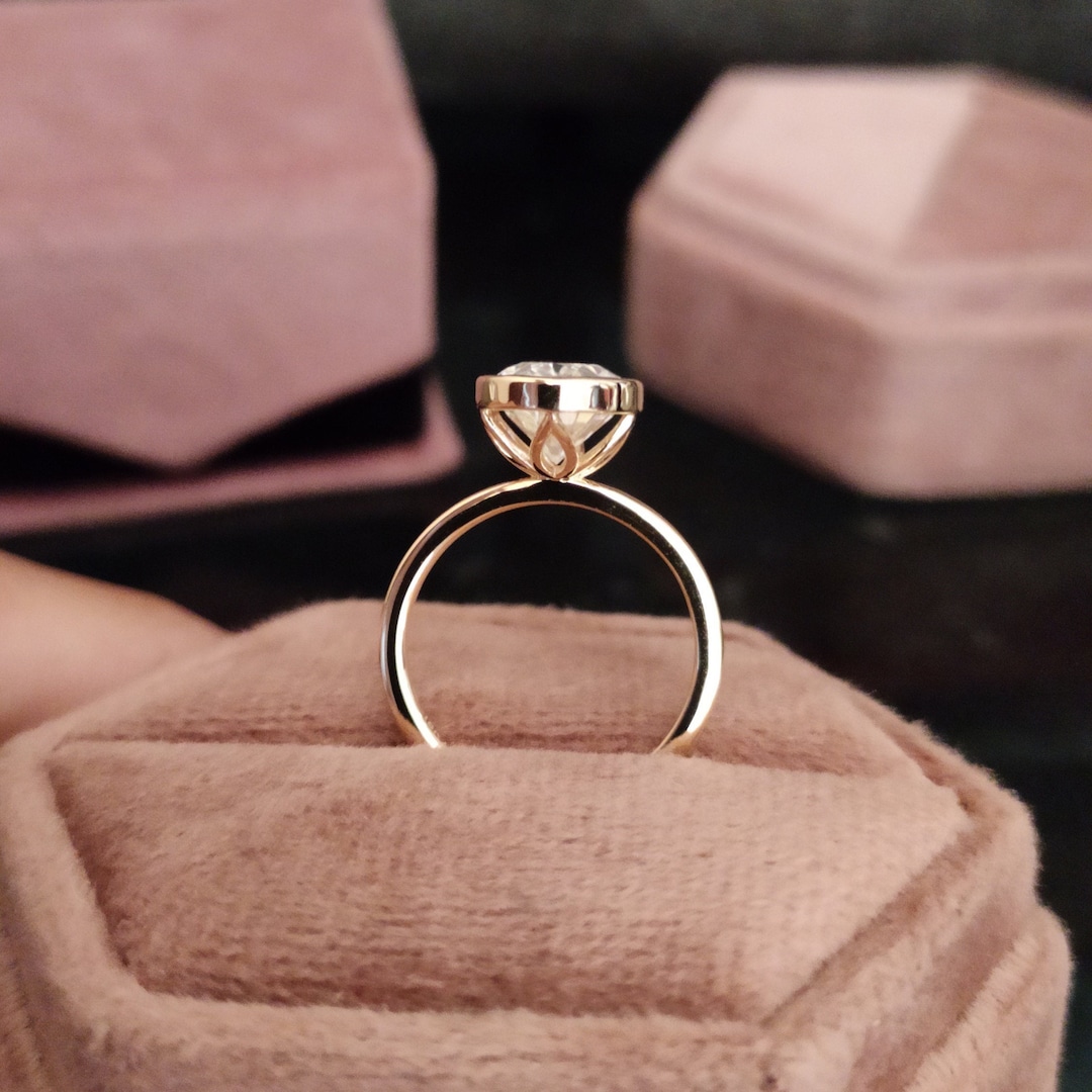 Tulip Setting Oval Moissanite Ring, Bezel Set Engagement Ring, Flower ...