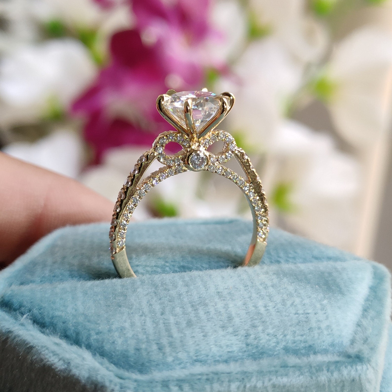 Vintage Cathedral Set Engagement Ring, Hidden Pave Bridge Art Deco Ring ...