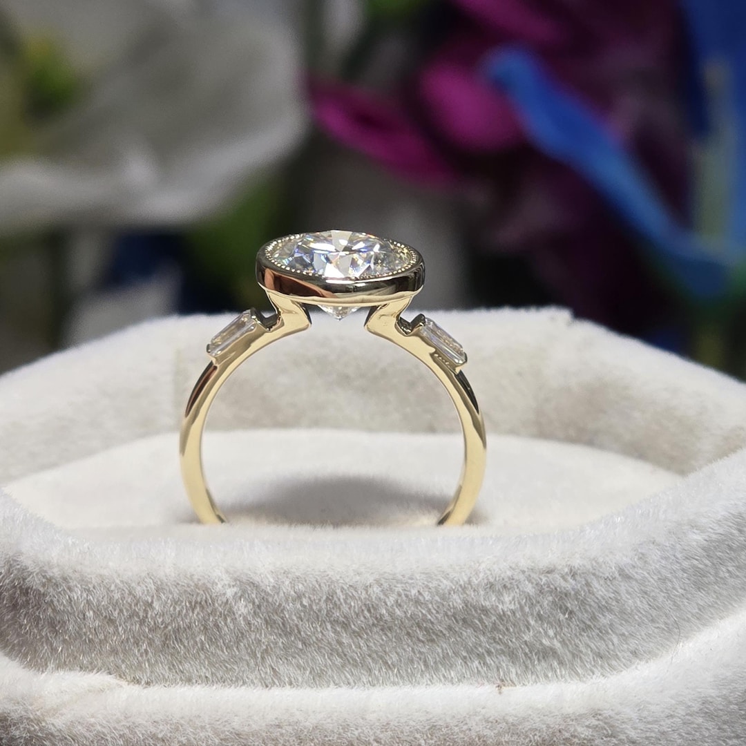 Three Stone Bezel Setting Engagement Ring, Solid Yellow Gold Milgrain ...