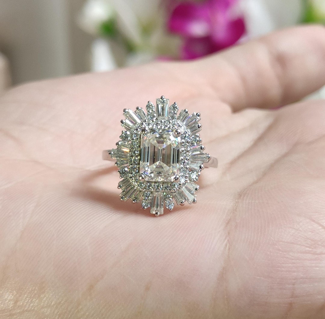 Art Deco Sunburst Engagement Ring, Emerald Cut Moissanite Vintage Ring, Starburst Engagement ...