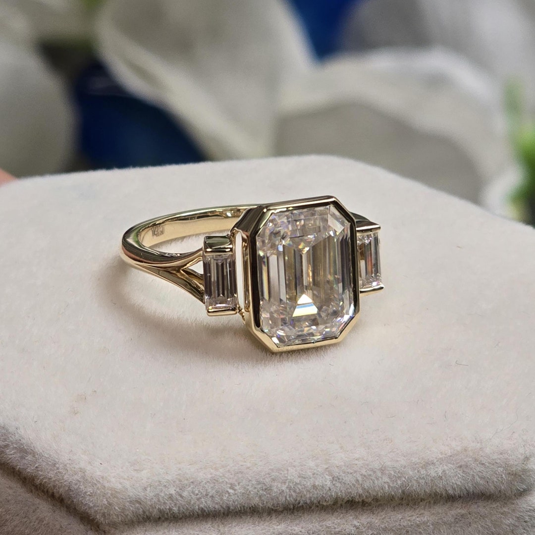 Three Stone Emerald Cut Engagement Ring Huge 4ct Emerald Cut Moissanite ...