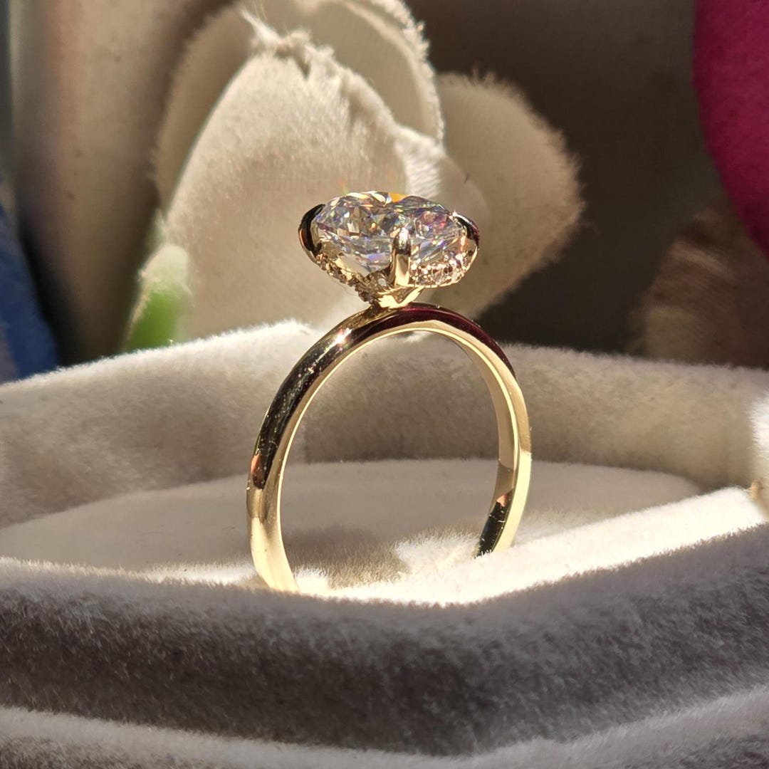 14k Yellow Gold V Shape Hidden Halo Ring, Oval Moissanite Engagement ...