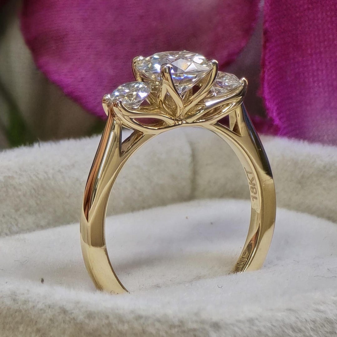 Tulip Setting Three Stone Engagement Ring, Round Cut Moissanite ...