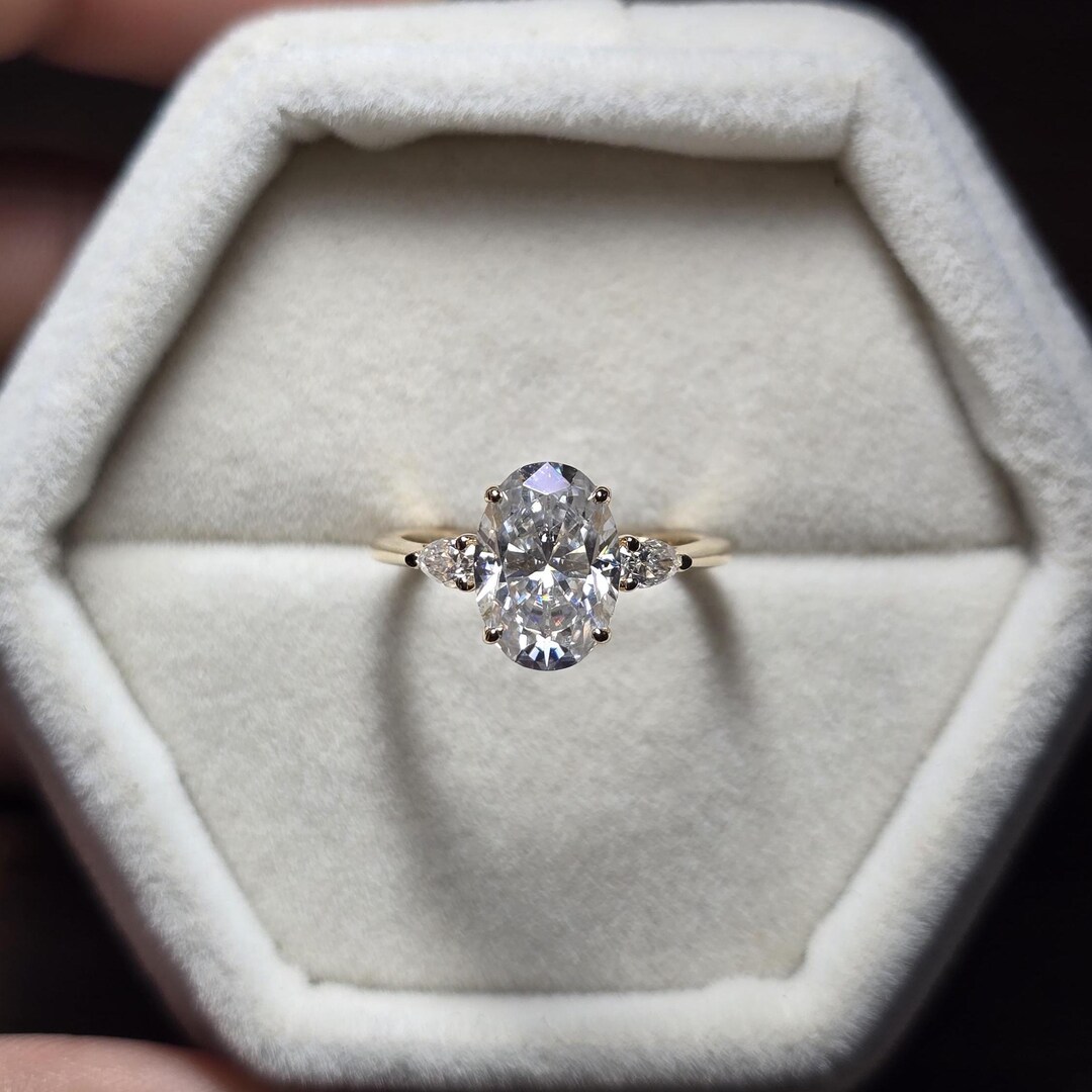 Three Stone Oval Engagement Ring, Side Stone Pear Shaped Moissanite ...