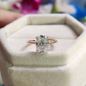 Vintage Tulip Setting Hidden Halo Oval Moissanite Engagement Ring With Cathedral Set in 14k ...