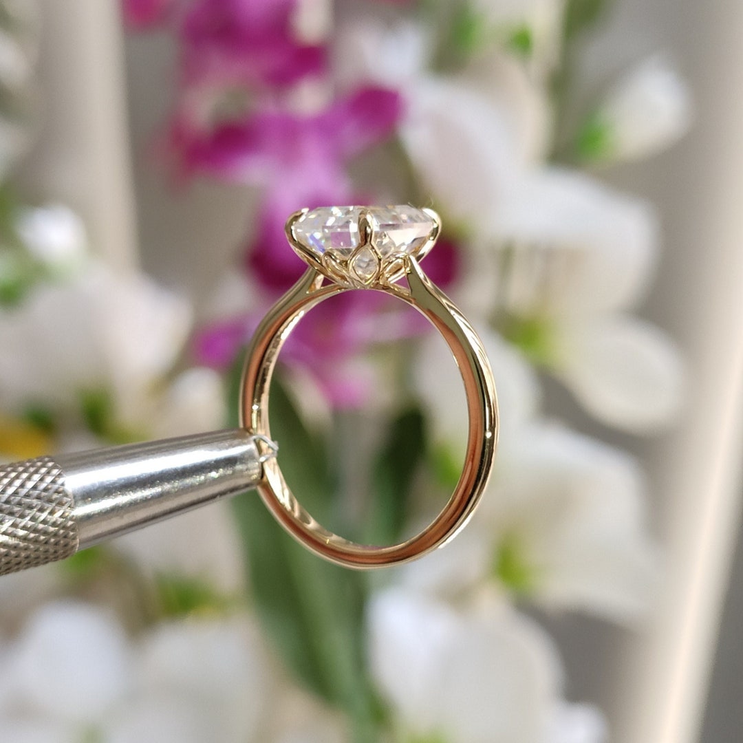 Vintage Tulip Setting Emerald Cut Engagement Ring, Cathedral Set Emerald Cut Moissanite ...