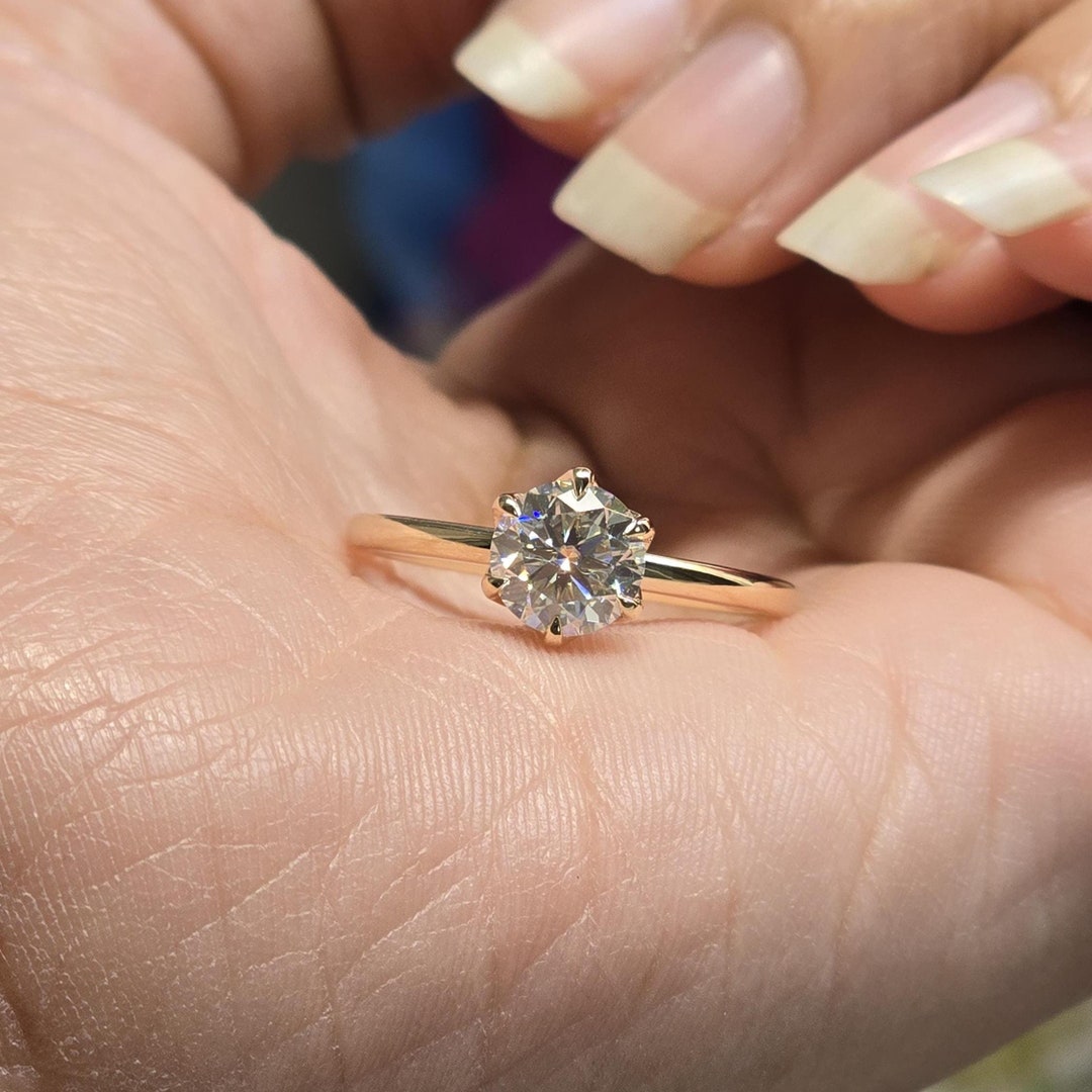 Tulip Setting Engagement Ring, Solid Yellow Gold Moissanite Solitaire 6 ...
