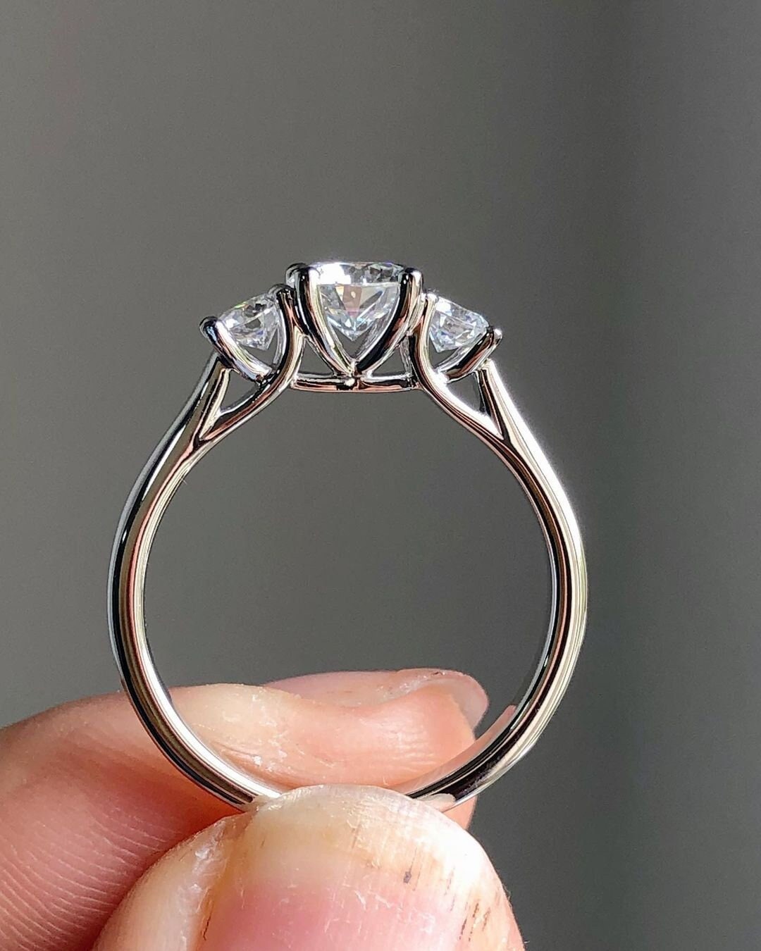 Round Cut Moissanite Three Stone Engagement Ring, Cathedral Setting 3 ...