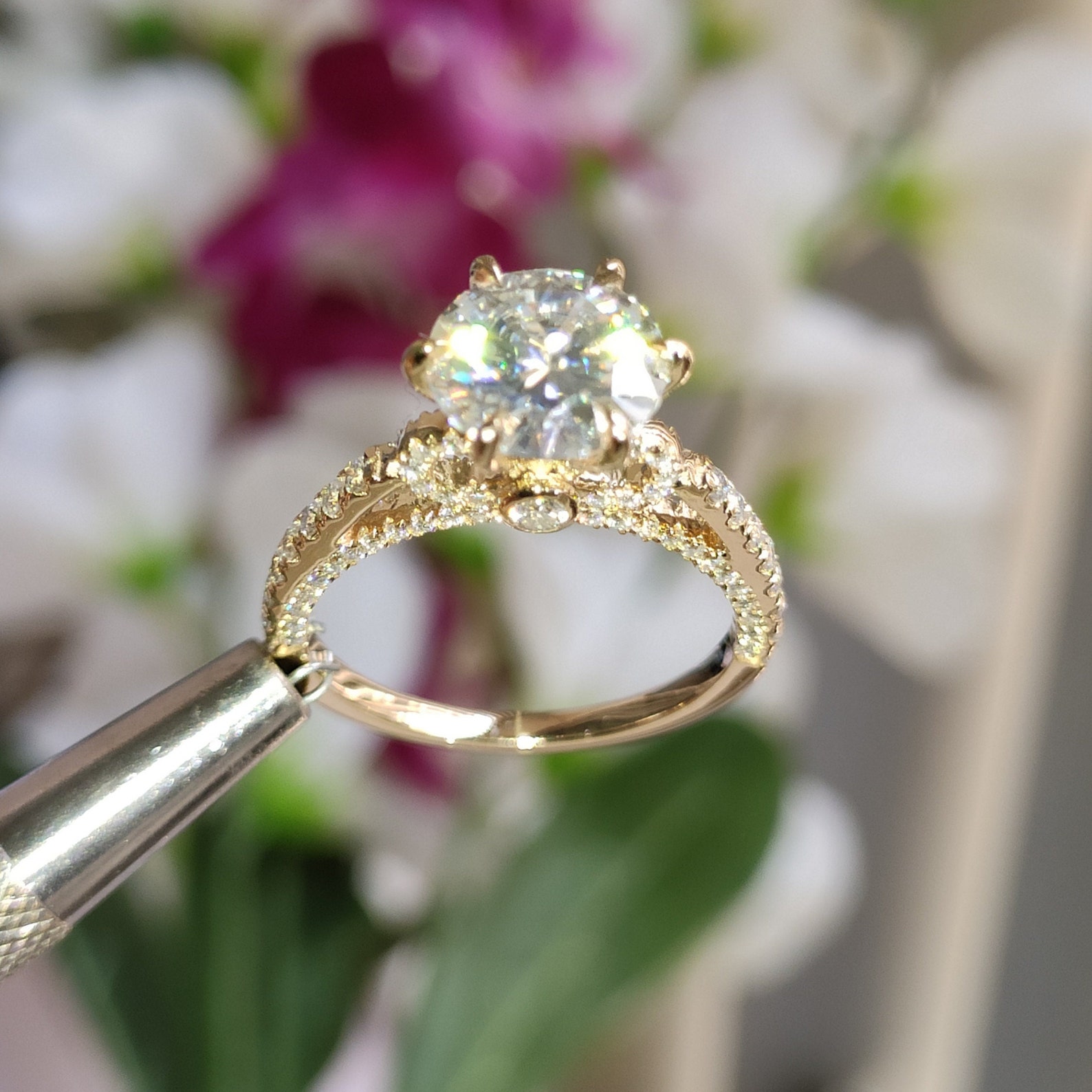 Vintage Cathedral Set Engagement Ring, Hidden Pave Bridge Art Deco Ring ...