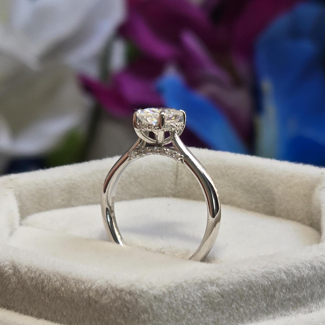 Cathedral Setting Oval Cut Hidden Halo Moissanite Engagement Ring, 14k ...