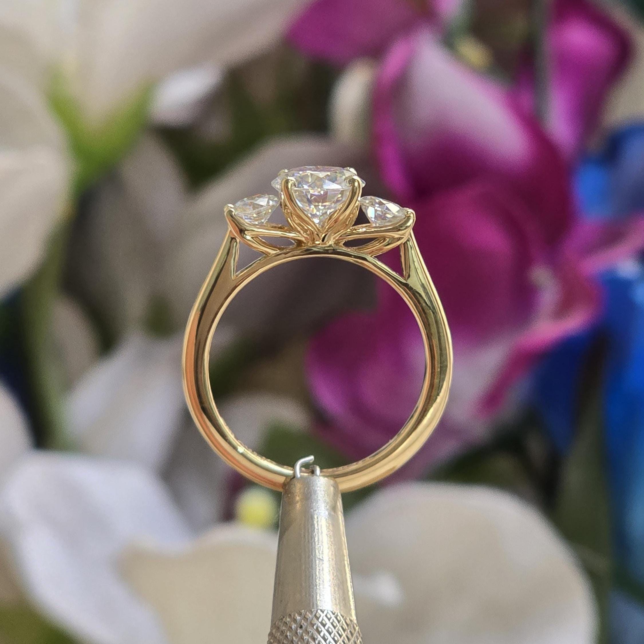 Tulip Setting Three Stone Engagement Ring, Round Cut Moissanite ...