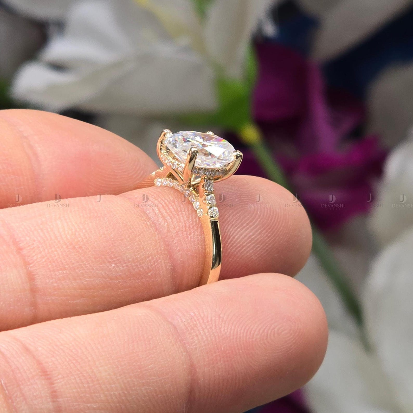 2ct Oval Cut Cathedral Setting Engagement Ring, Oval Cut Hidden Halo ...