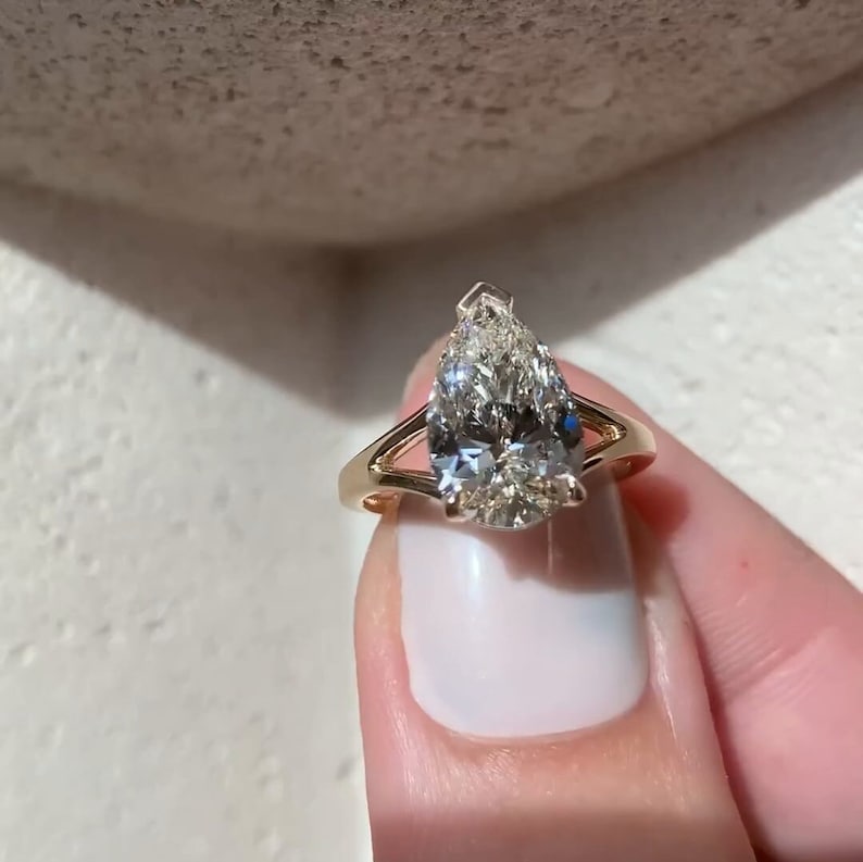 3 Carat Pear Cut Moissanite Engagement Ring With Split Shank Band, Pear ...