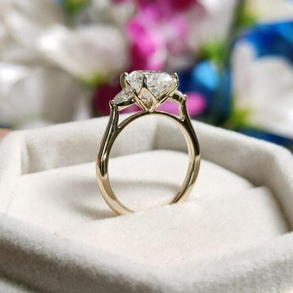 Tulip Setting Three Stone Engagement Ring 3 Stone Oval Cut Moissanite Ring Vintage Style Flower Cathedral Set Bridal Anniversary Ring Etsy