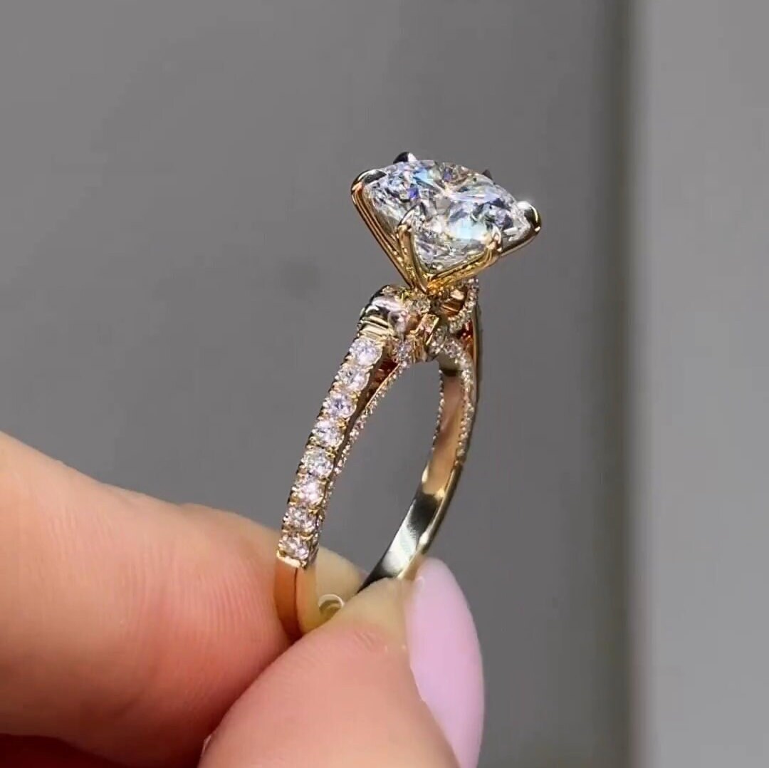 Vintage Cathedral Set Engagement Ring, Hidden Pave Bridge Art Deco Ring ...