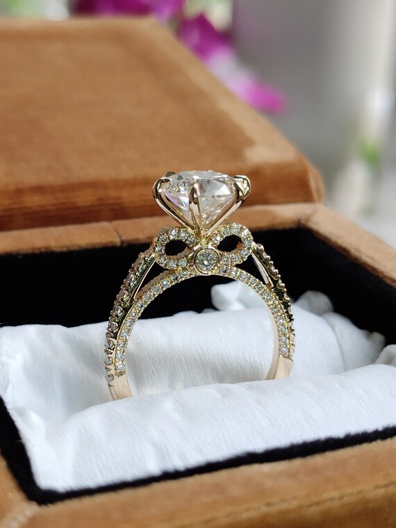 Antique High Profile Cathedral Moissanite Engagement Ring With Peekaboo Stone Setting 10k Yellow Gold Estate Vintage Victorian Ring for Her Etsy