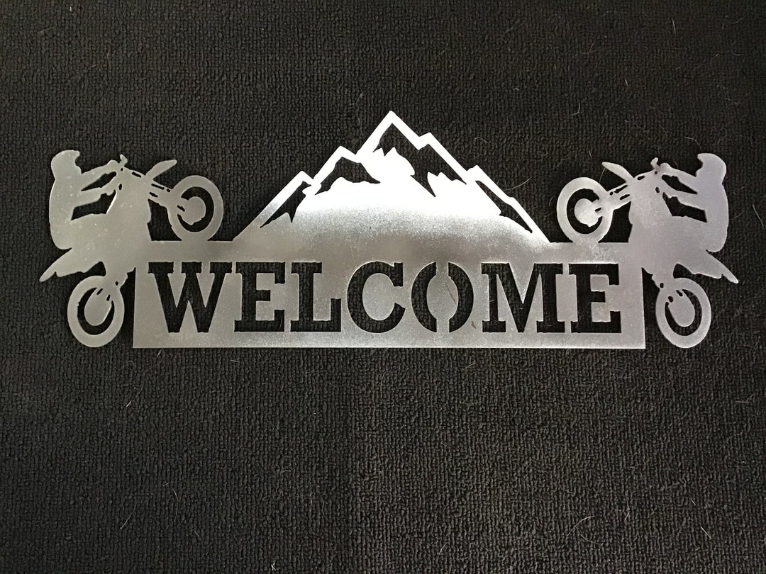Metal Welcome Sign With Mountain Bikes and Mountains - Etsy