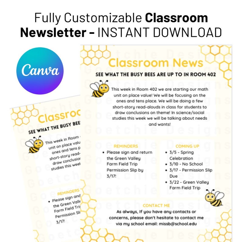 Bee Theme Classroom Newsletter Template - Fully Customizable - Instant ...