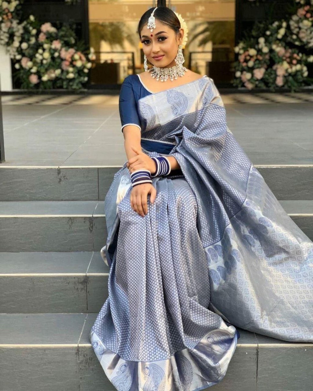 Saree Navy Blue Saree Sari With Stitched Blouse Ready to Wear - Etsy