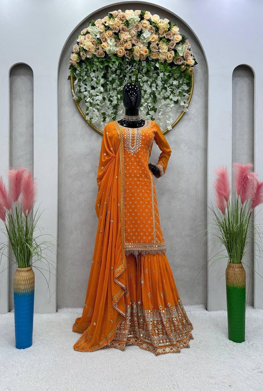 Sharara Suit, Orange Sharara Suit, Designer Sharara, Indian Dress ...