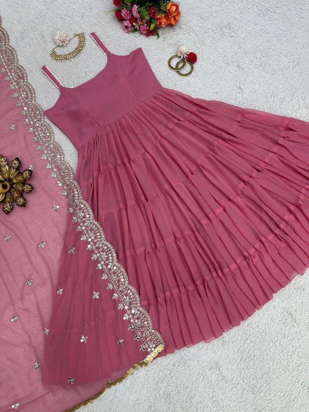 Green and Onion Color Ruffle Style Gown for Women Indian - Etsy