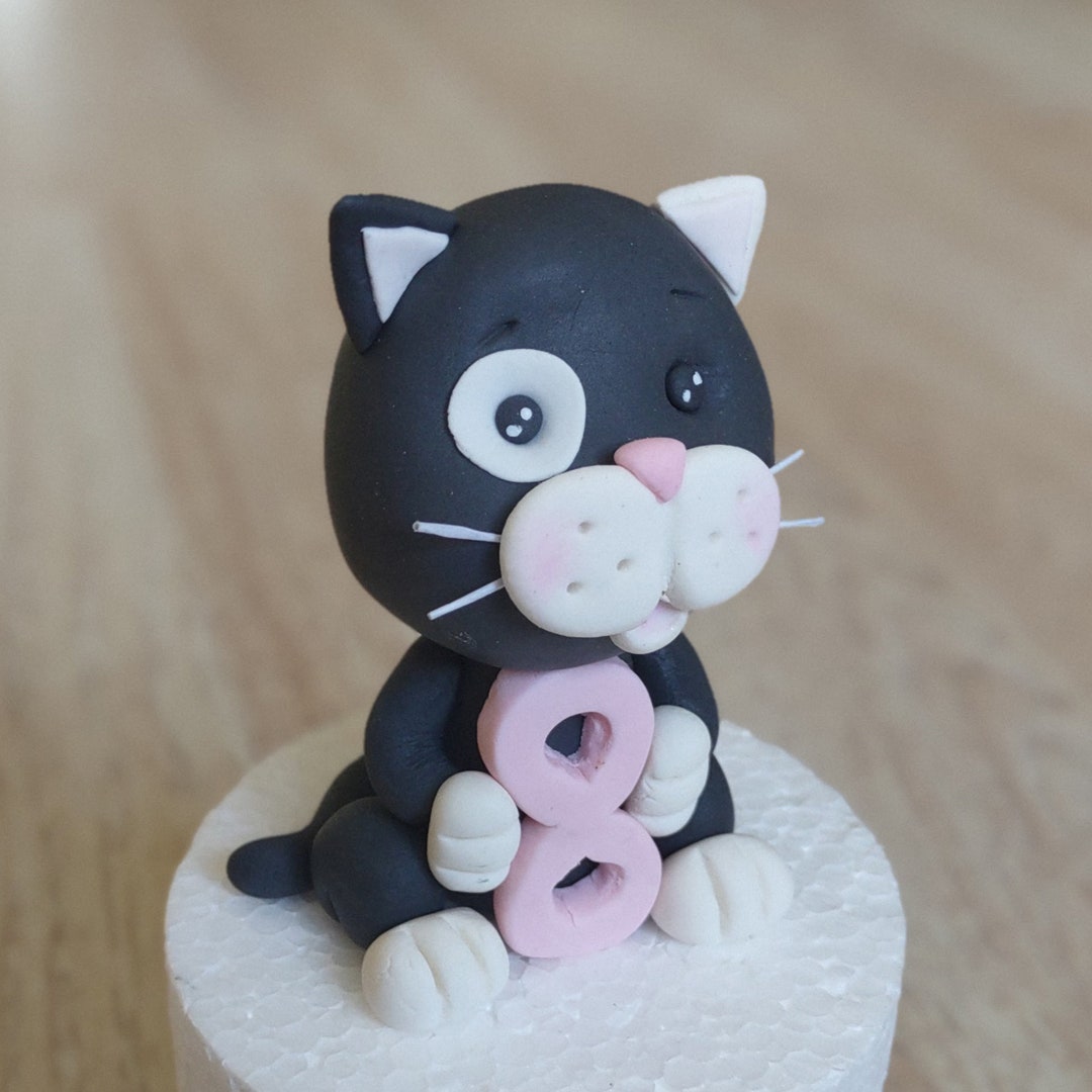 Edible Cat With a Number Cake Topper. Fondant/gum Paste Cat Figurine ...