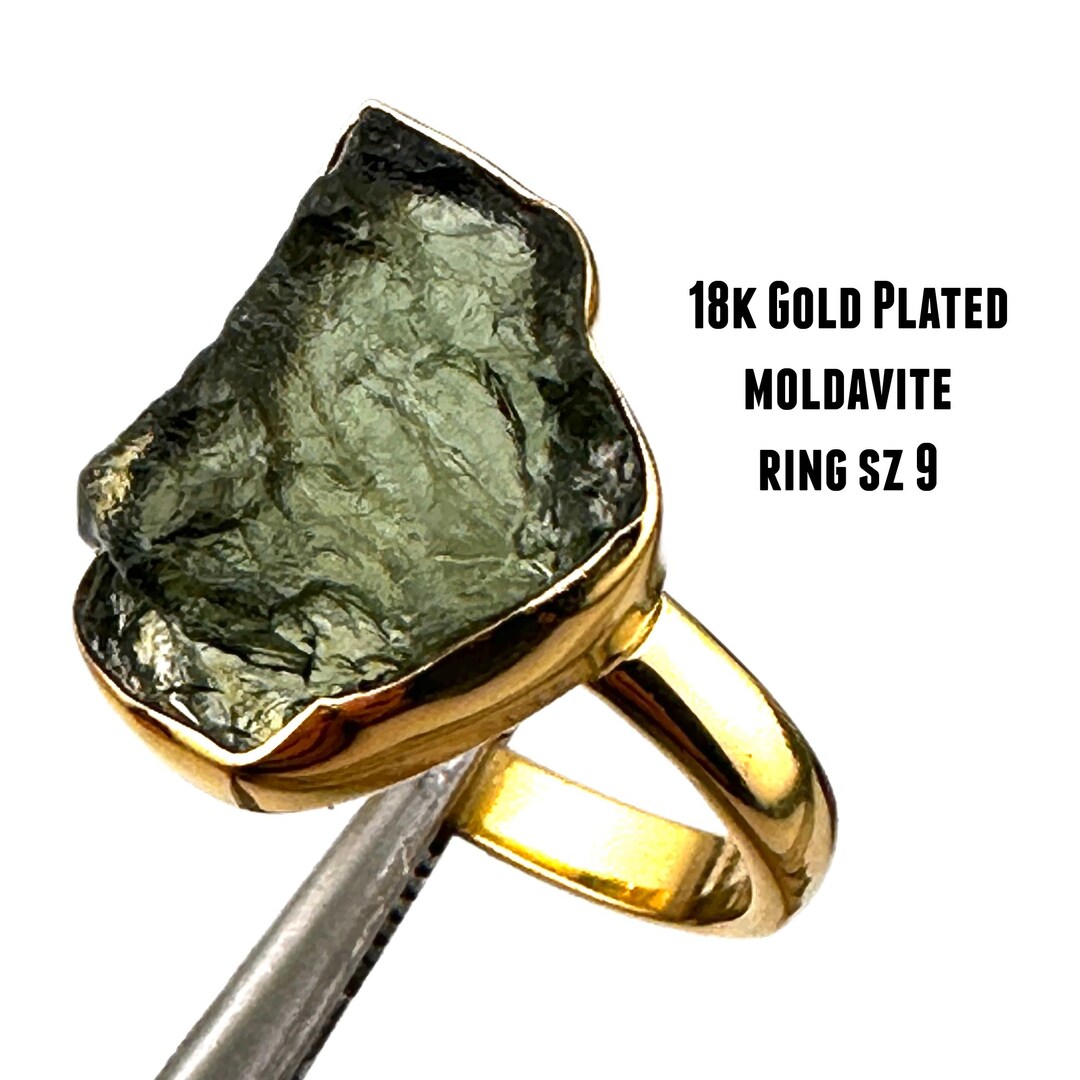 MOLDAVITE Crystal Ring in 18 K Gold Plating. NEW Natural, Genuine Raw ...