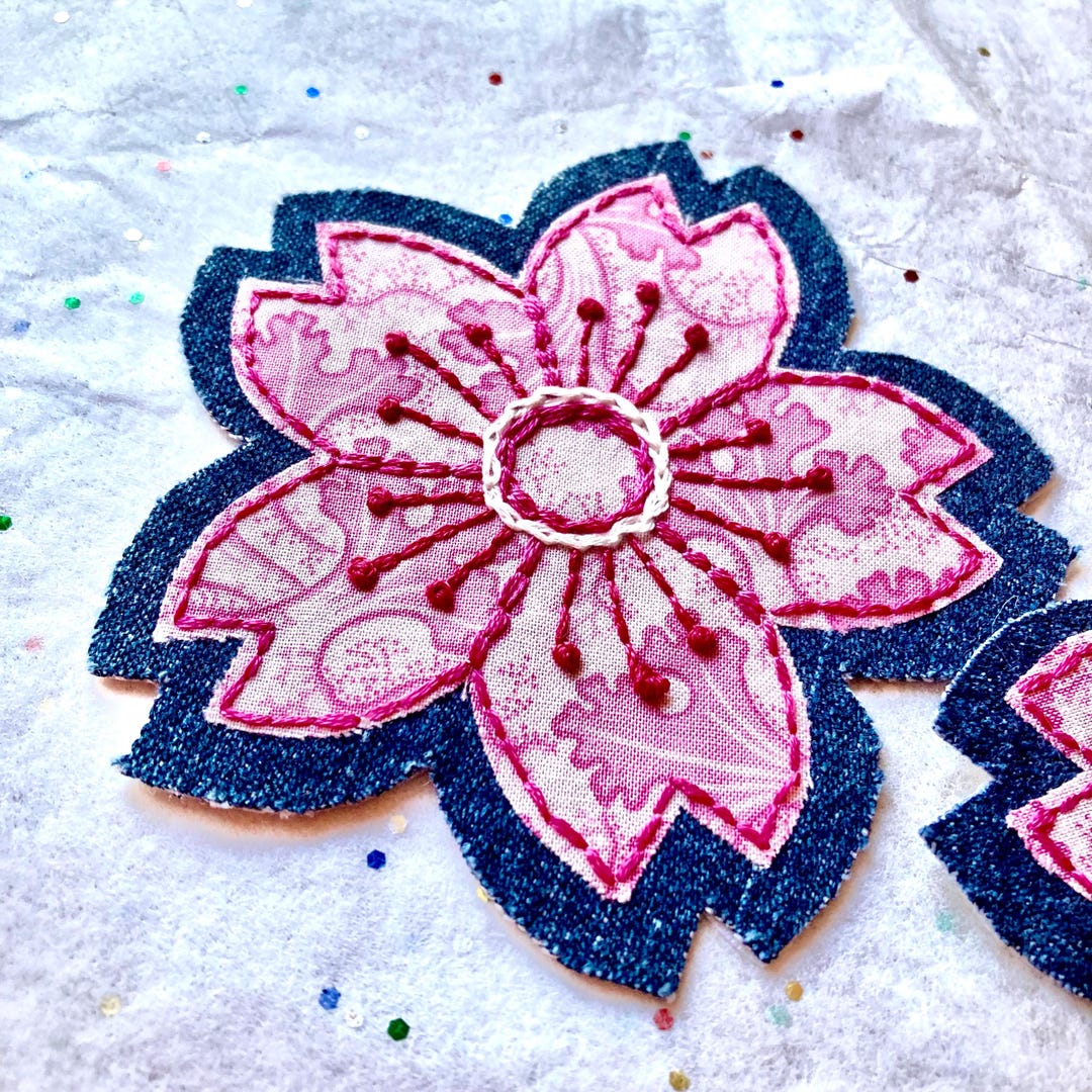 Floral Hand Embroidered Patch, Flower Sew-on Patch, Cherry Blossom ...