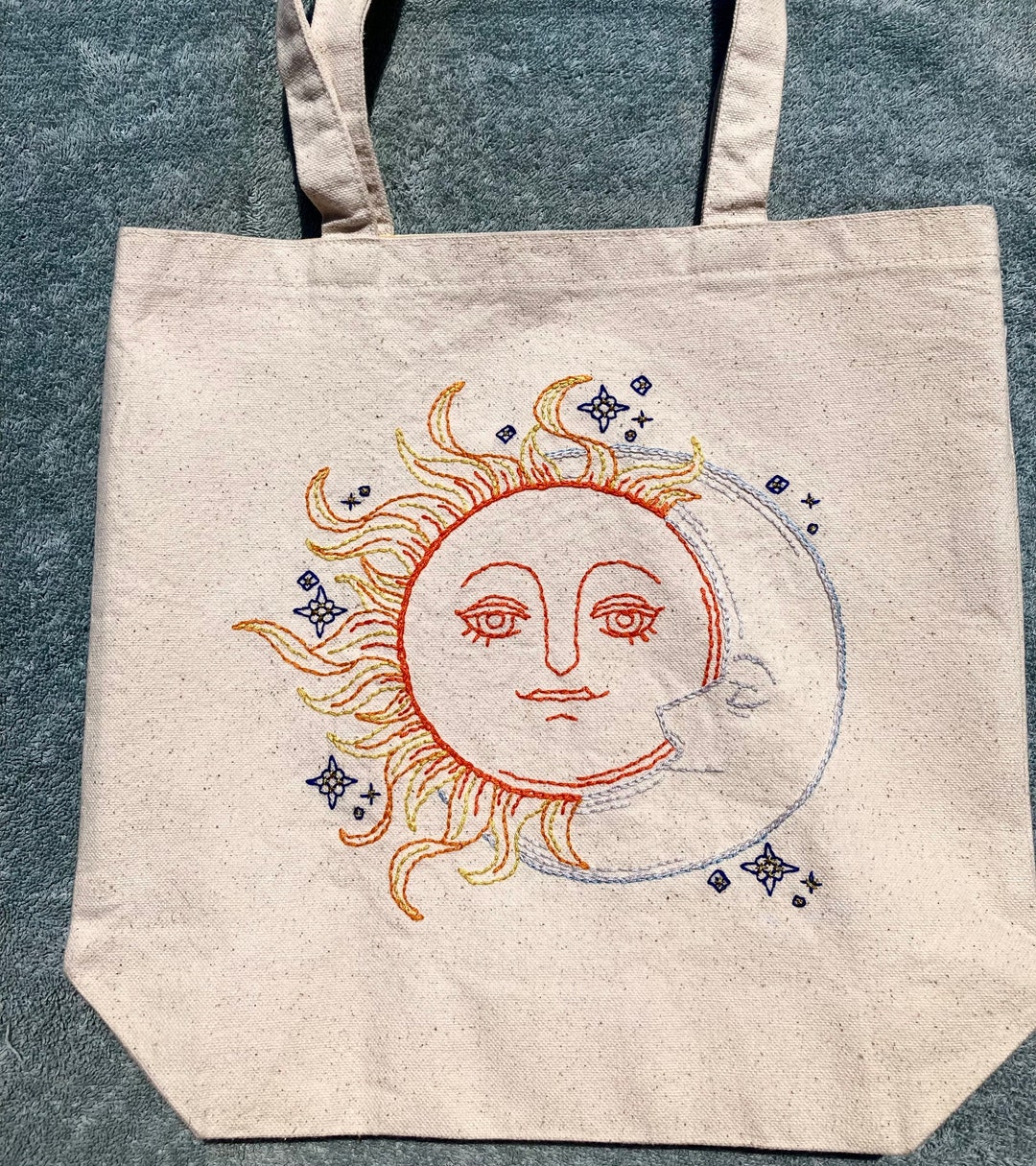 Celestial Sun and Moon Hand Embroidery, Hand Embroidered Tote, Project ...