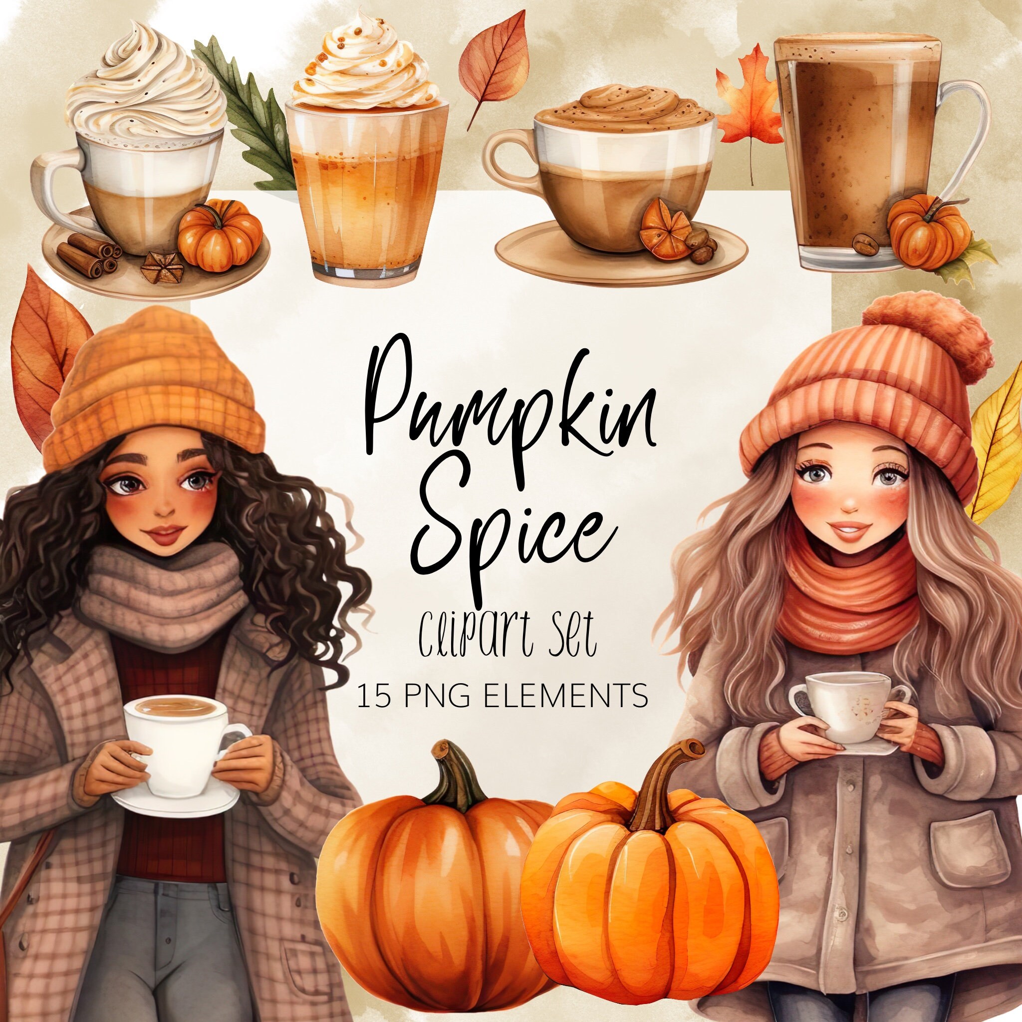 Watercolor Pumpkin Spice Clipart Set PNG Instant Download - Etsy