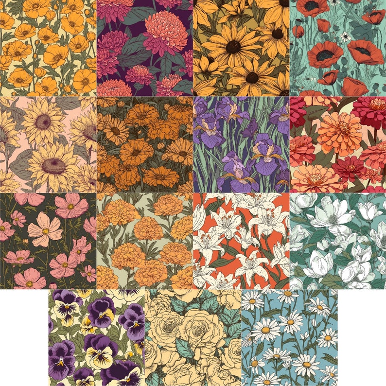 Floral Digital Paper Set, Seamless Patterns - Instant Download - Etsy